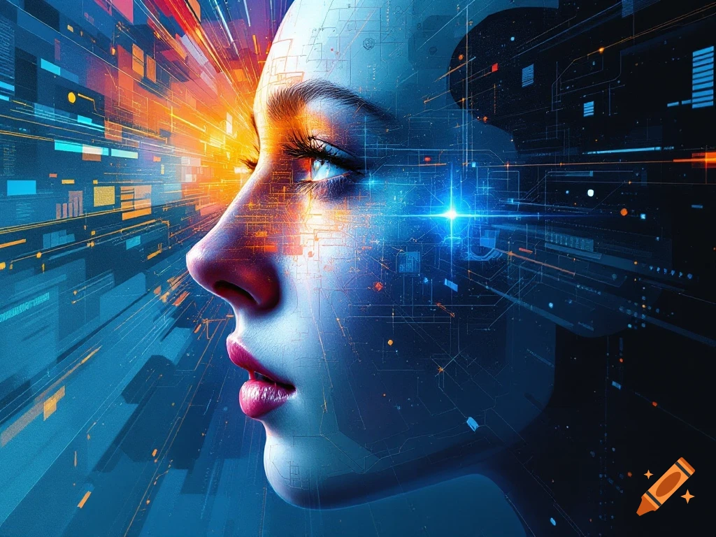 Stylized AI face with circuits and digital data streams on Craiyon