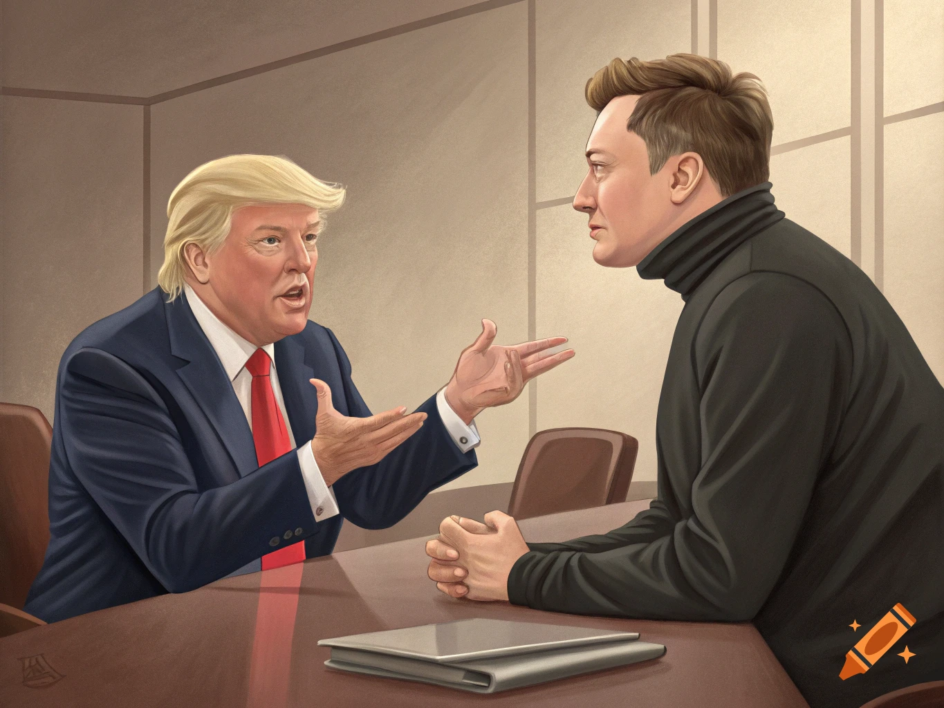 Illustration of Donald Trump and Elon Musk sitting at a table ...