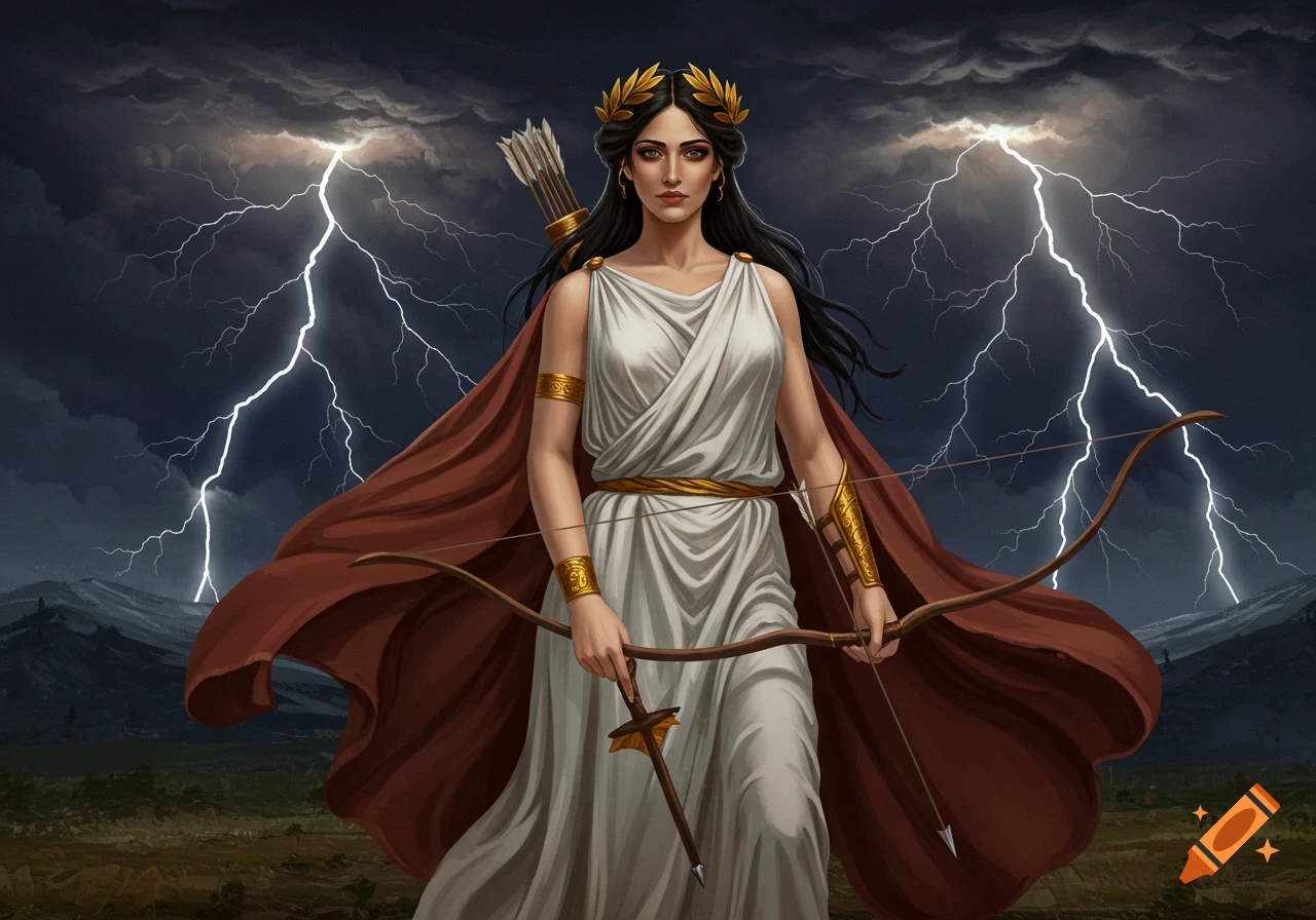 Mythological goddess with bow and arrow stands before lightning in a stormy landscape. on Craiyon