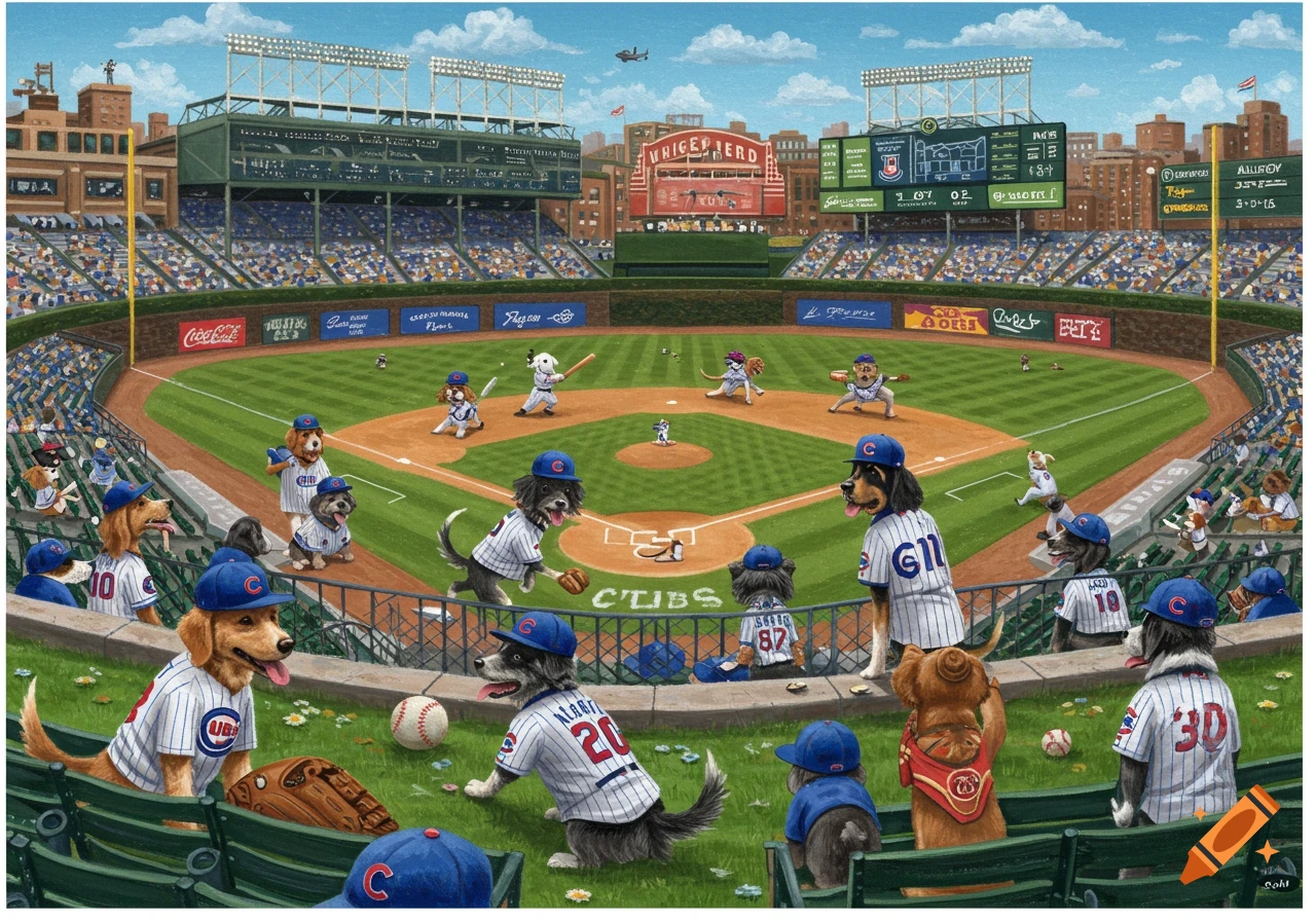 Illustration of dogs playing baseball in a stadium resembling Wrigley ...