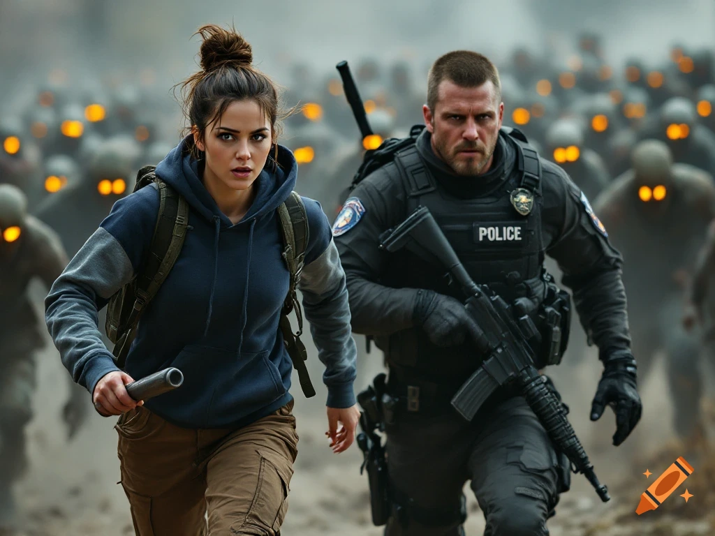 Photorealistic image of a woman and a police officer running from a ...