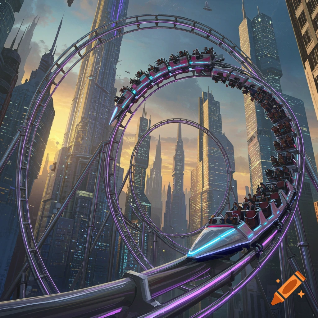 A massive roller coaster loops through the skyscrapers of a futuristic ...
