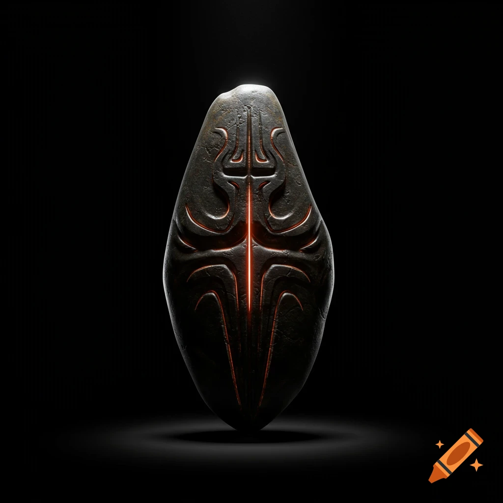 Mysterious dark artifact with glowing orange patterns on black on Craiyon