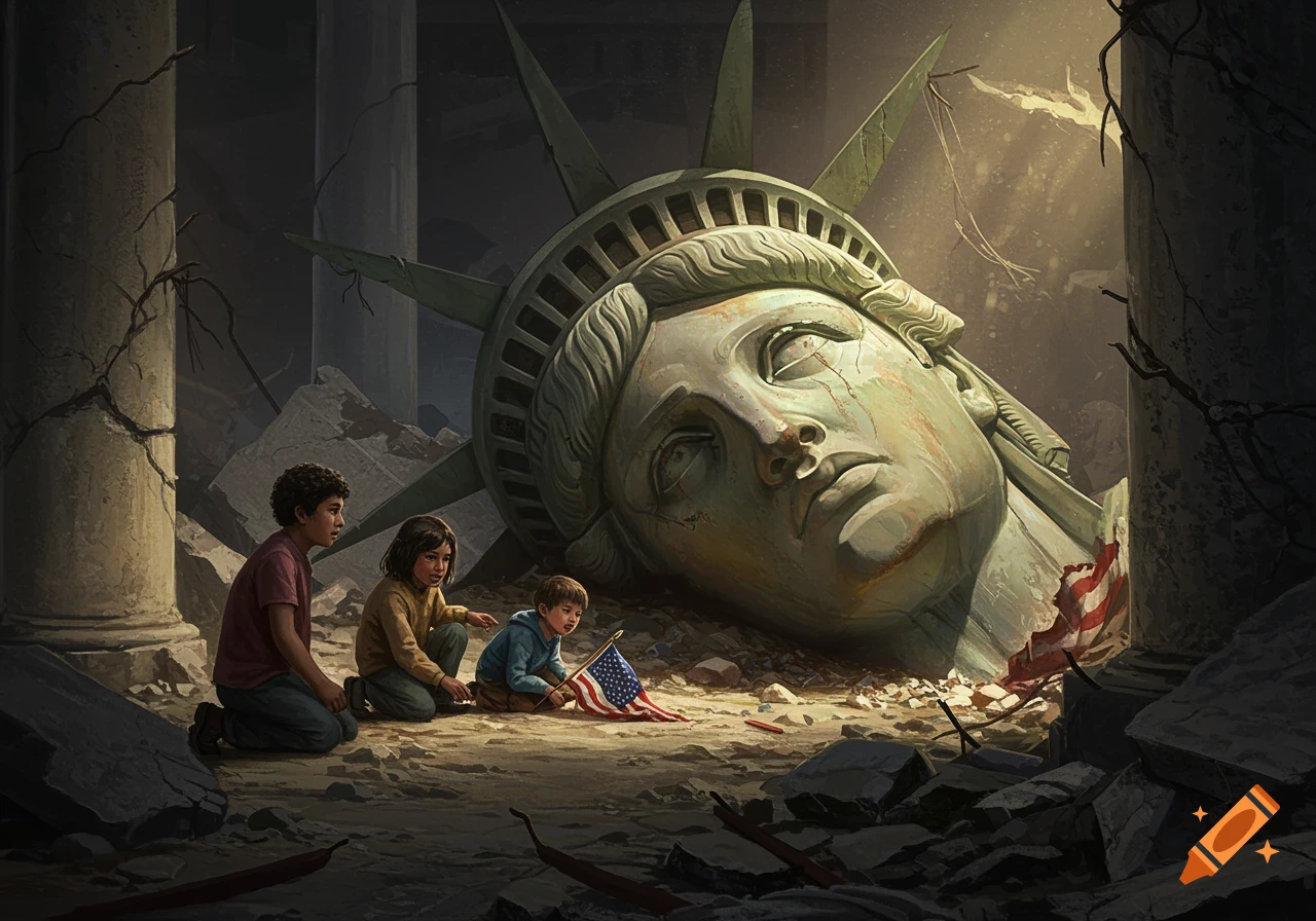 Children look at the fallen Statue of Liberty head in a ruined city ...