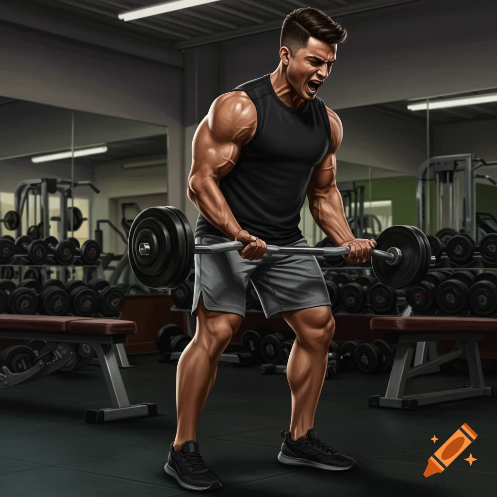 Muscular man performing a barbell curl in a gym on Craiyon