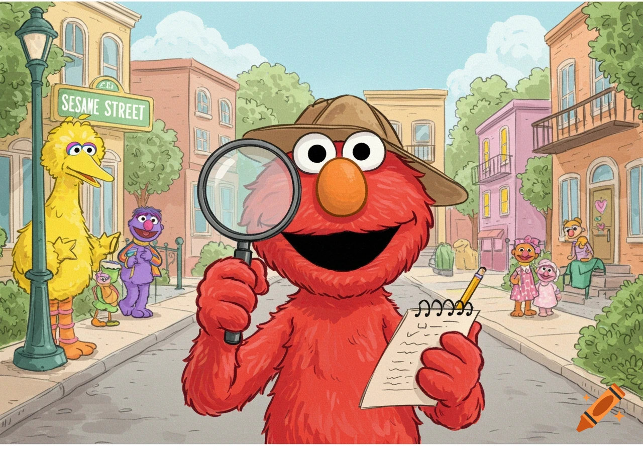 Cartoon illustration of Elmo holding a magnifying glass and notepad on ...