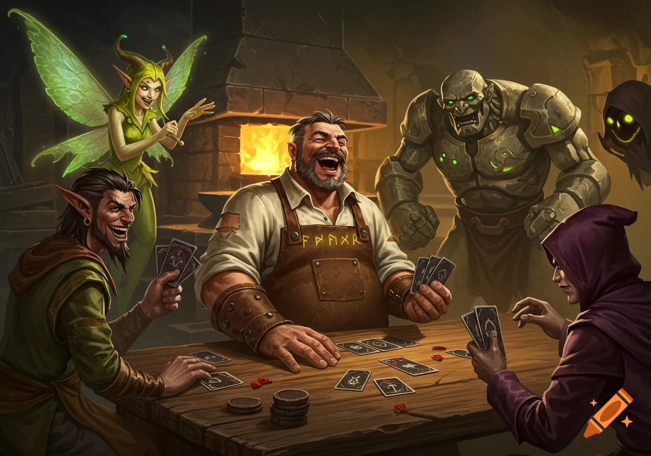 Fantasy characters including a forge master, elf, fairy, and golem play ...