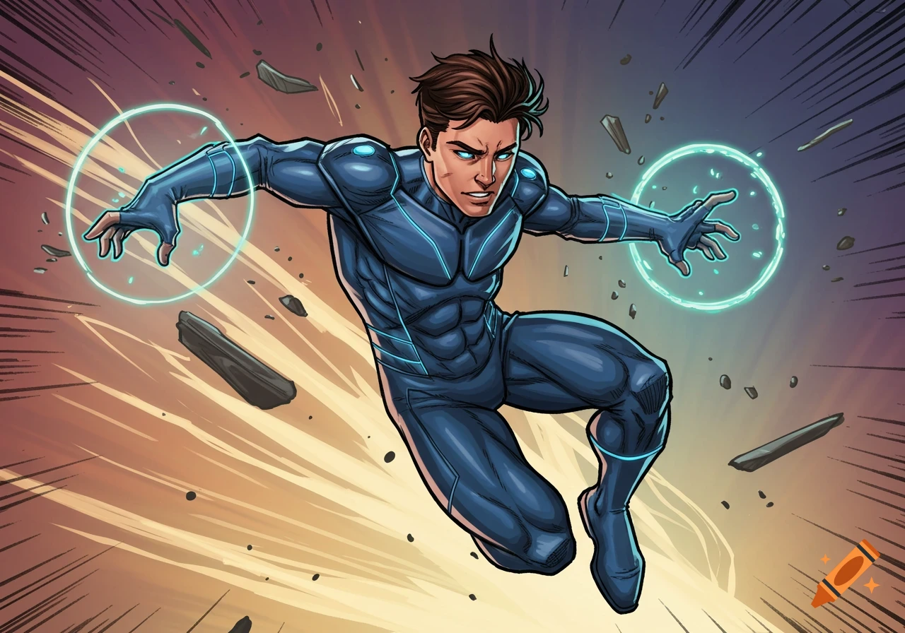 Comic book illustration of a male superhero in a blue suit using energy ...