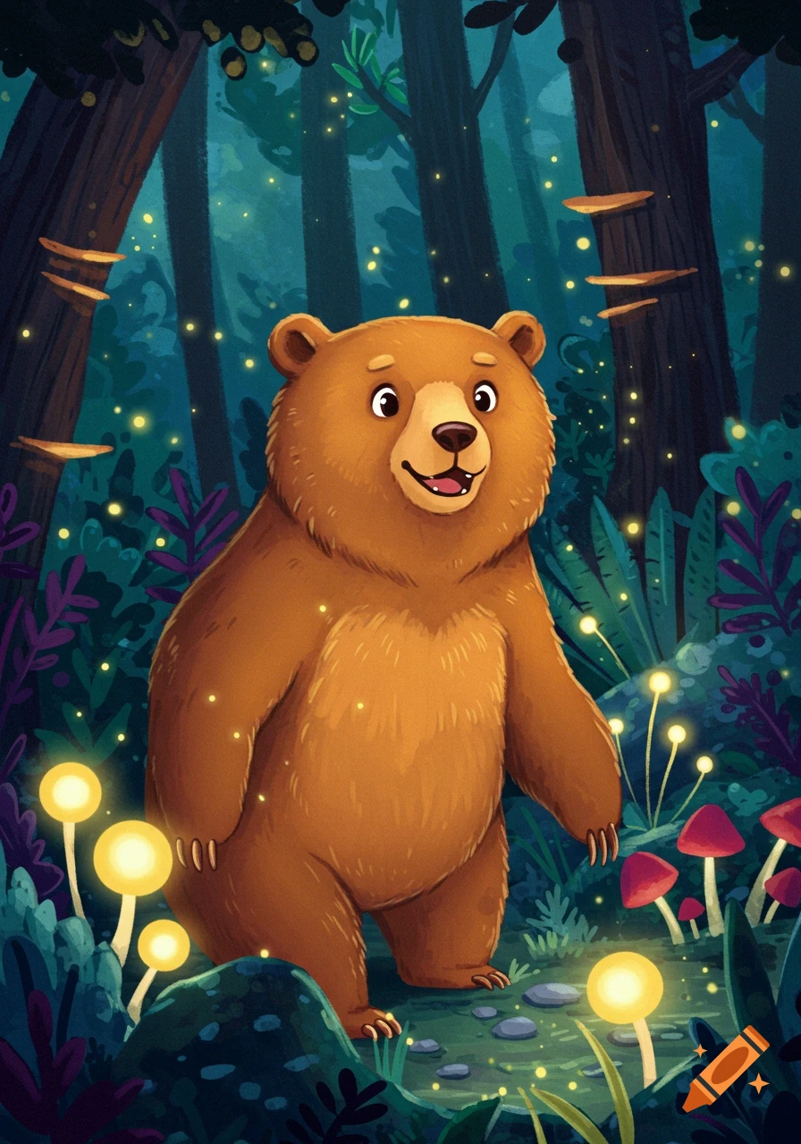 Cartoon bear in a glowing forest with mushrooms and fireflies. on Craiyon
