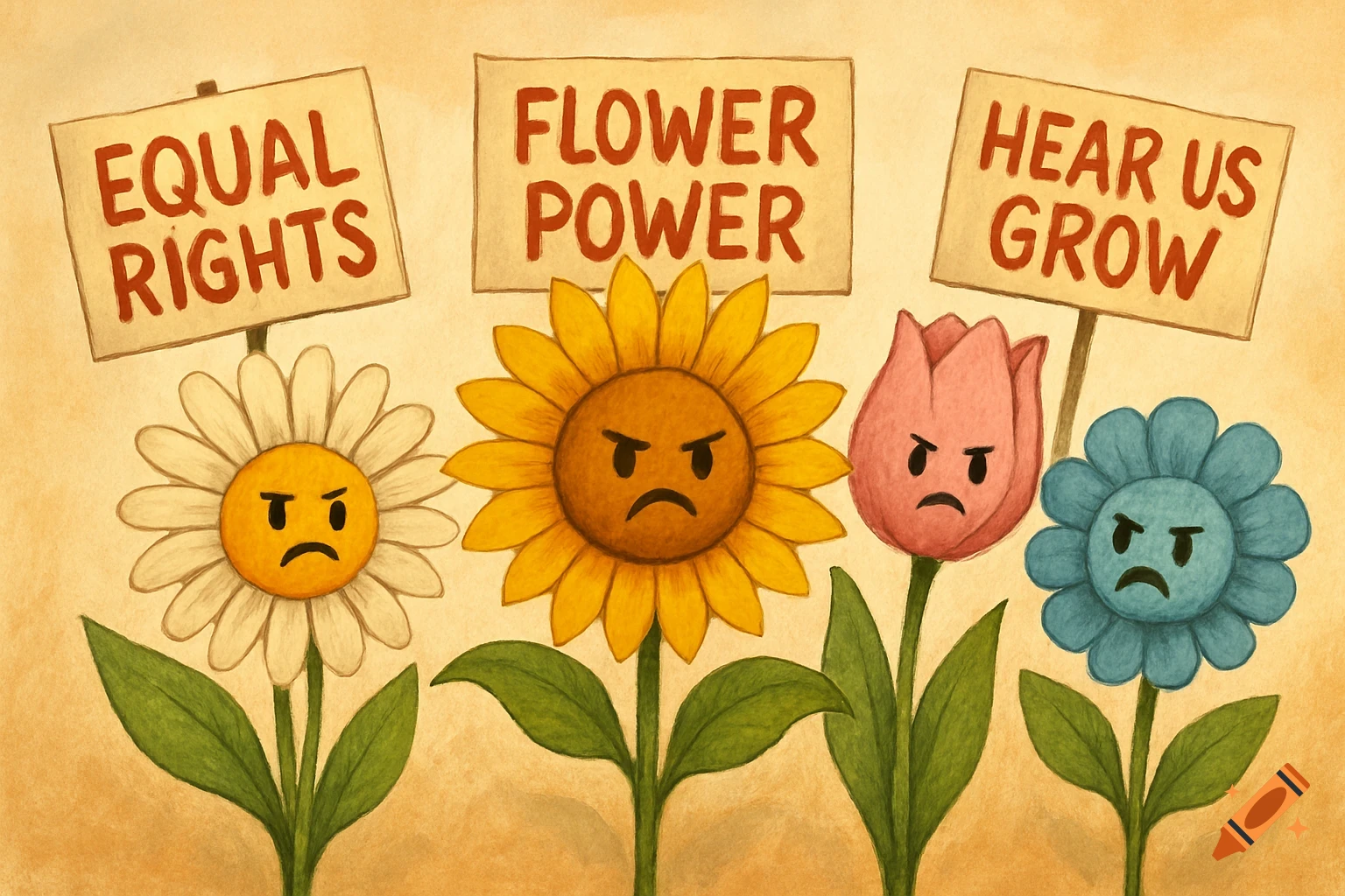 Cartoon flowers with angry faces hold protest signs saying 'Equal ...