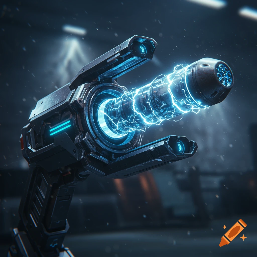 Futuristic gravity bolt anti-matter launcher emitting blue energy. on ...