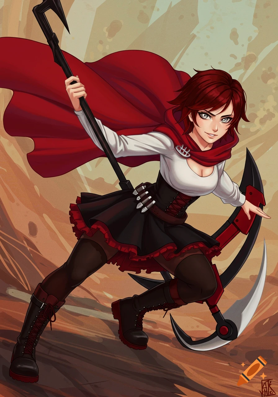 Ruby Rose from RWBY in dynamic action pose holding her weapon Crescent Rose. on Craiyon