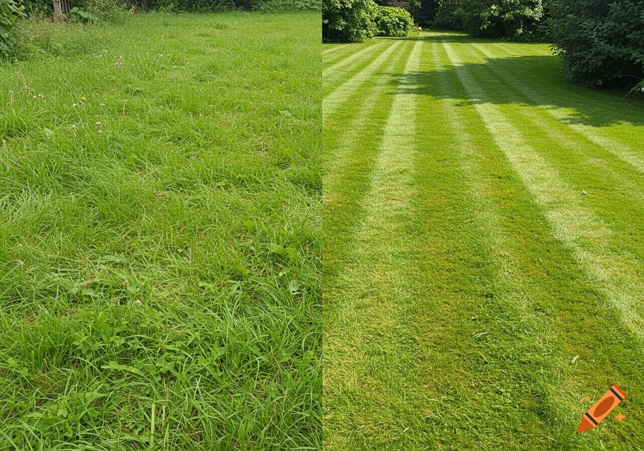 Split image shows an overgrown lawn next to a neatly mowed lawn with stripes. on Craiyon