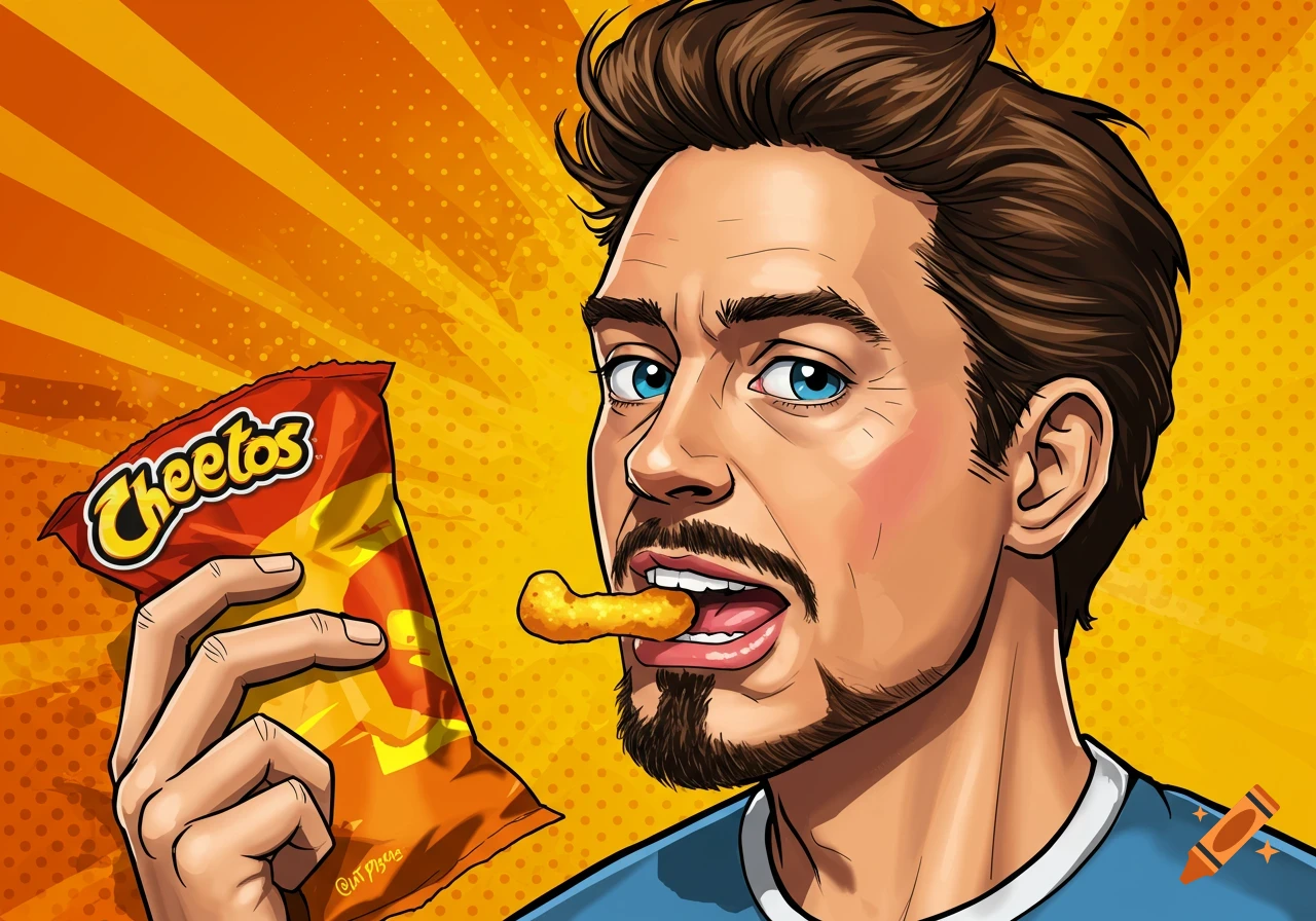 Cartoon man resembling Robert Downey Jr. eating a Cheeto from a bag ...