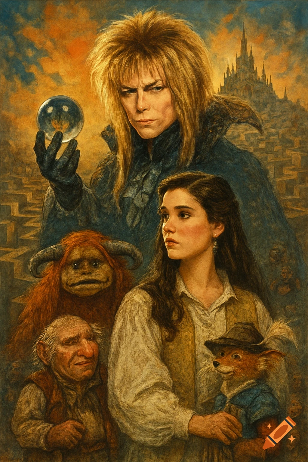 A painting of Jareth, Sarah, Hoggle, Ludo, and Sir Didymus from ...