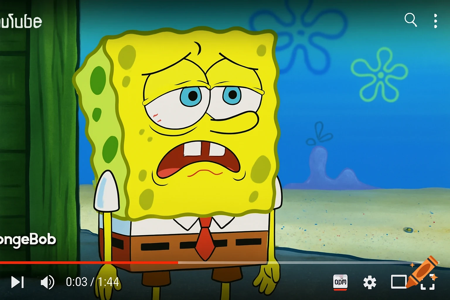 Spongebob Squarepants looks sad in a YouTube video screenshot. on Craiyon