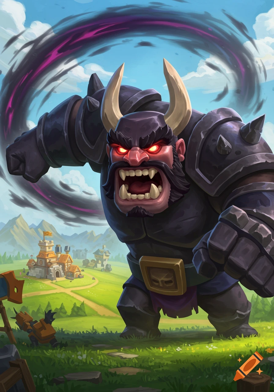 A fierce-looking cartoonish giant with horns and glowing red eyes wears ...