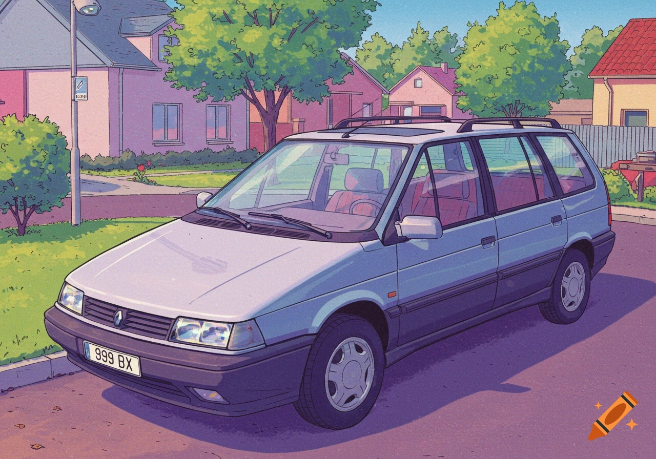 Illustration of a light blue and grey 1980s Renault MPV parked on a ...