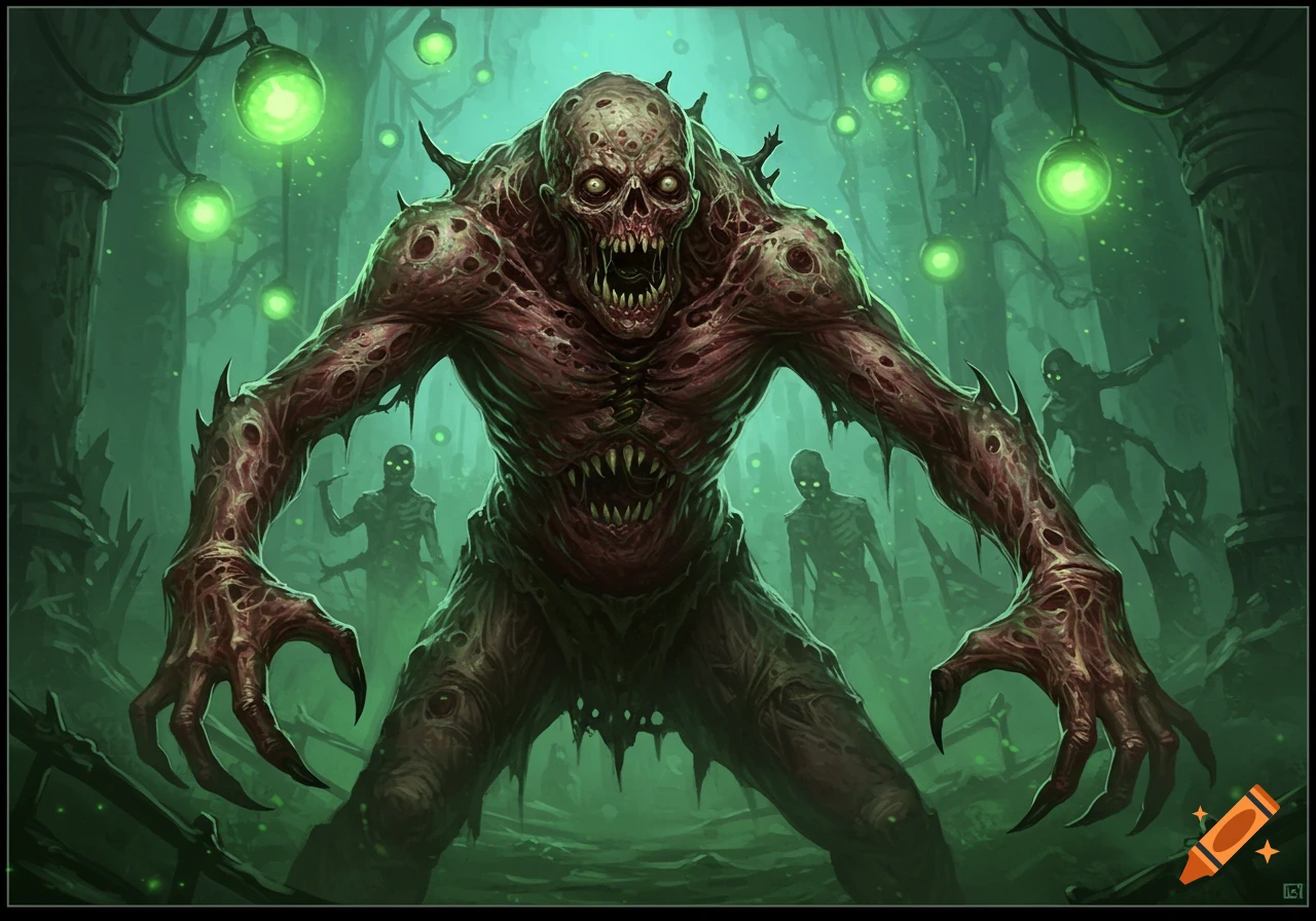 A grotesque, rotten monster stands in a dark, eerie, green-lit cavern ...