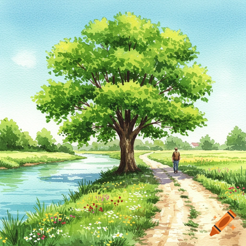 Watercolor painting of a large tree next to a river and dirt road with ...