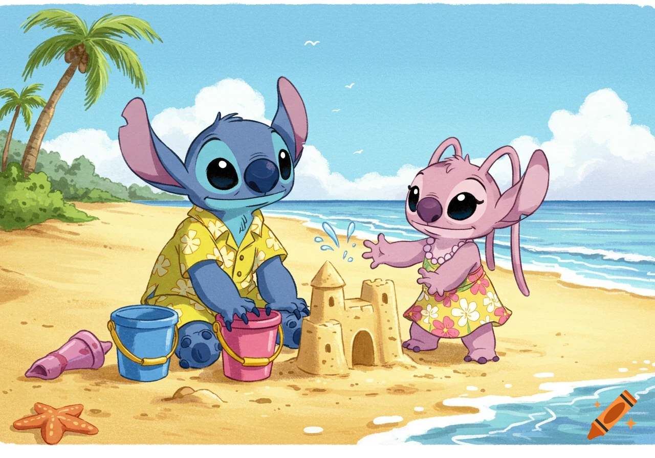 Stitch and Angel build a sandcastle on a sunny beach. on Craiyon