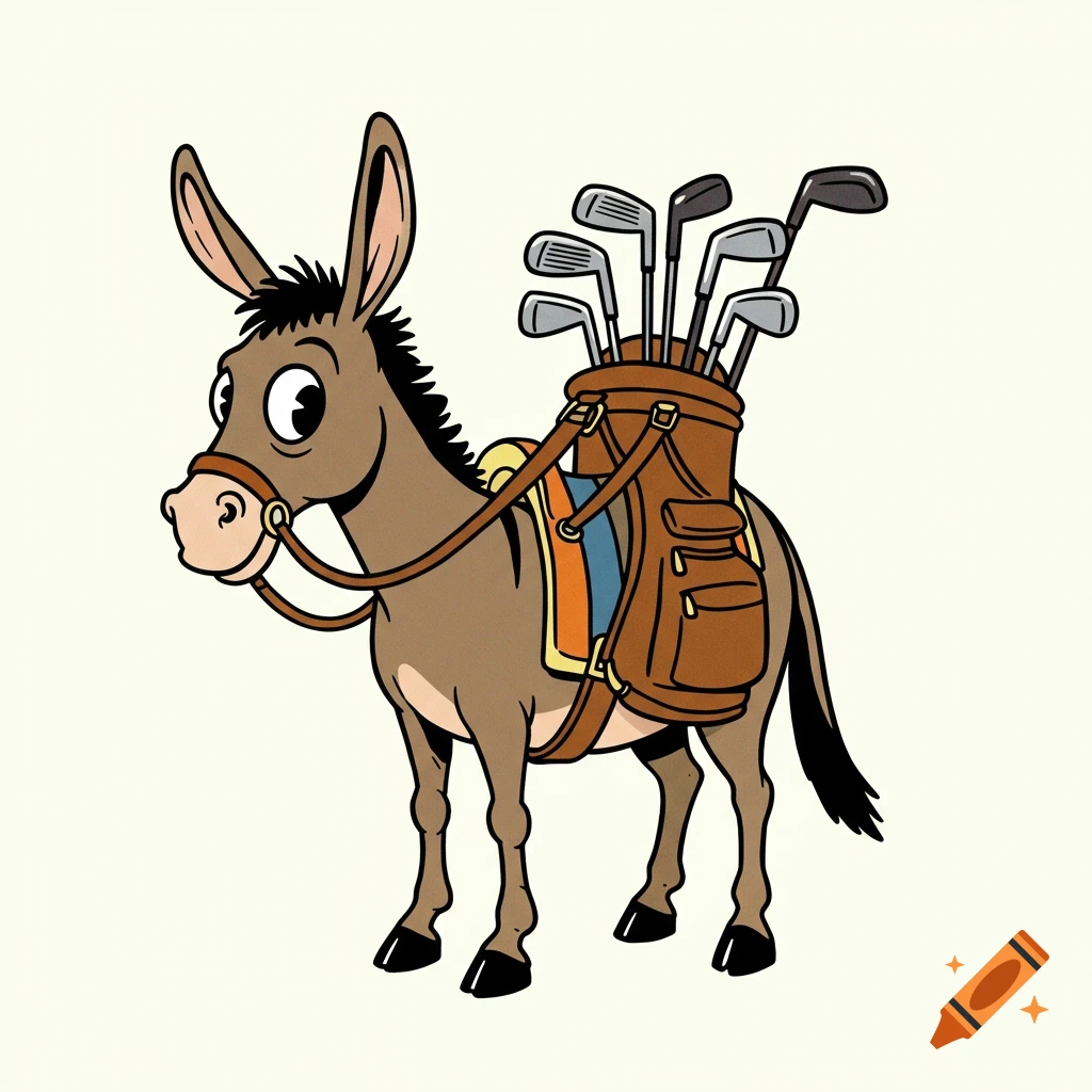 Clip art cartoon of a donkey carrying a golf bag with golf clubs. on ...