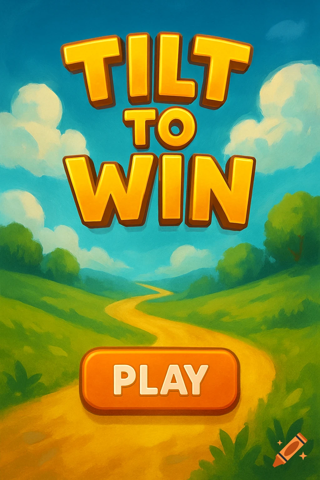 Cartoon game title screen with 'TILT TO WIN' and 'PLAY' button over a ...