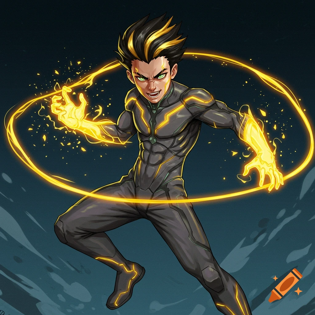 An anime illustration of a male superhero character generating yellow ...