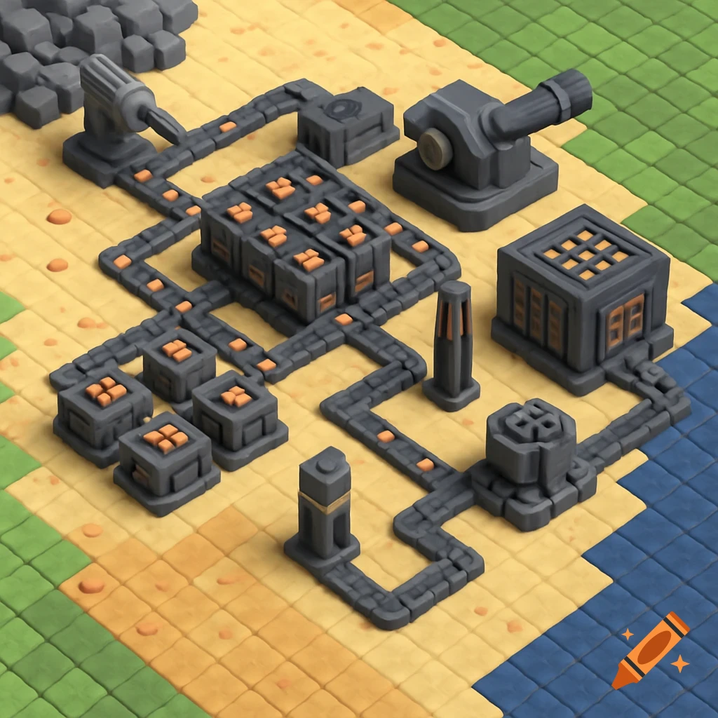 Isometric view of a miniature factory or resource gathering setup with ...