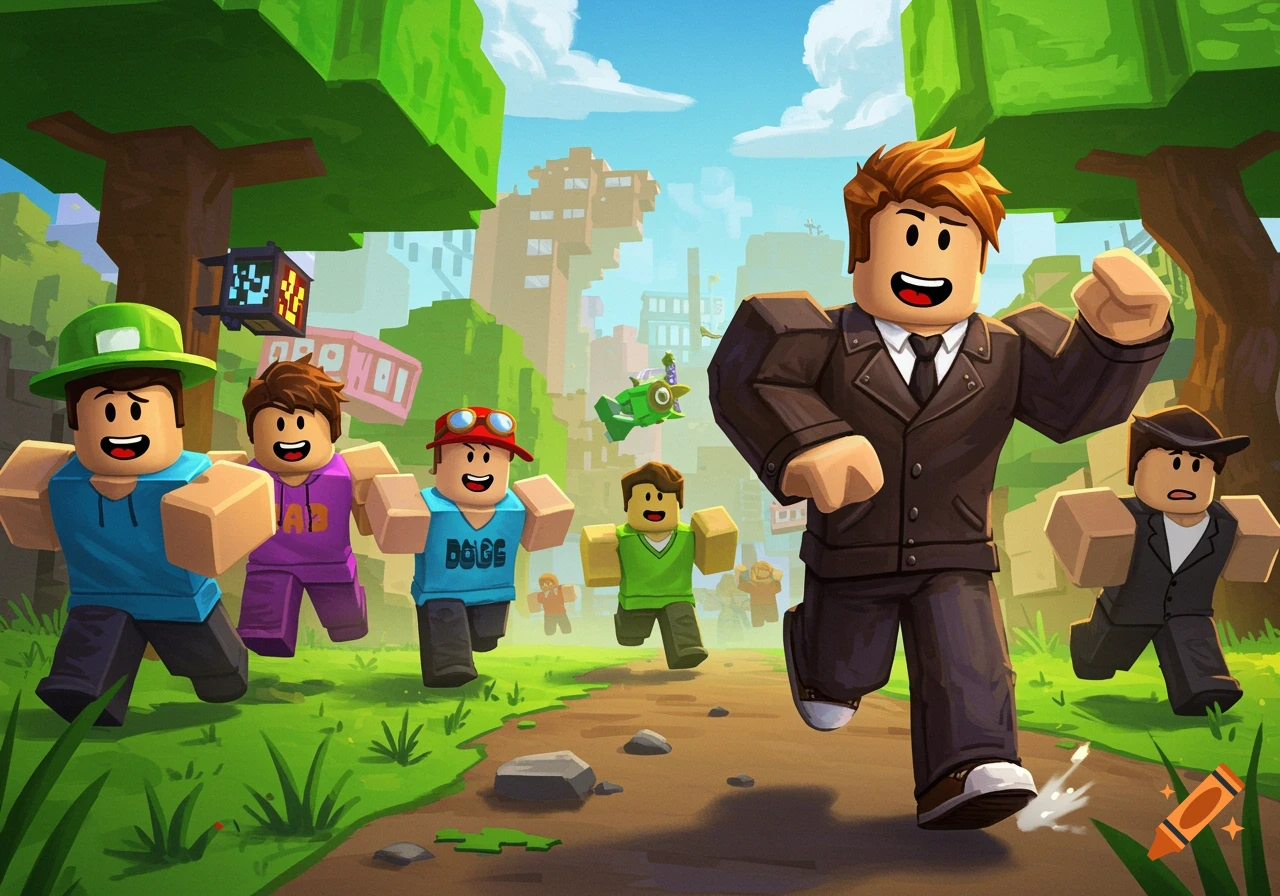 Group of Roblox characters running through a blocky landscape on Craiyon