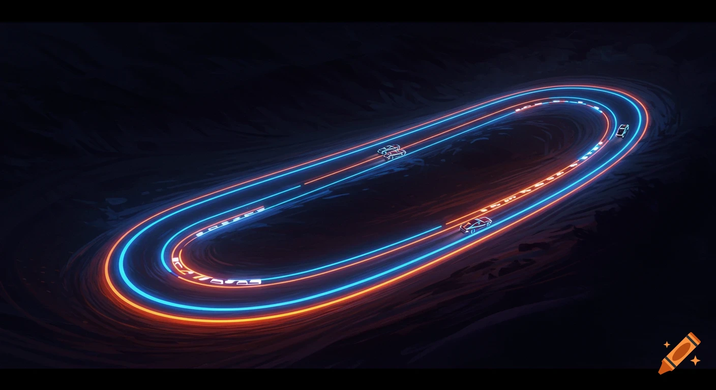 An aerial view of a glowing neon race track with stylized cars. on Craiyon