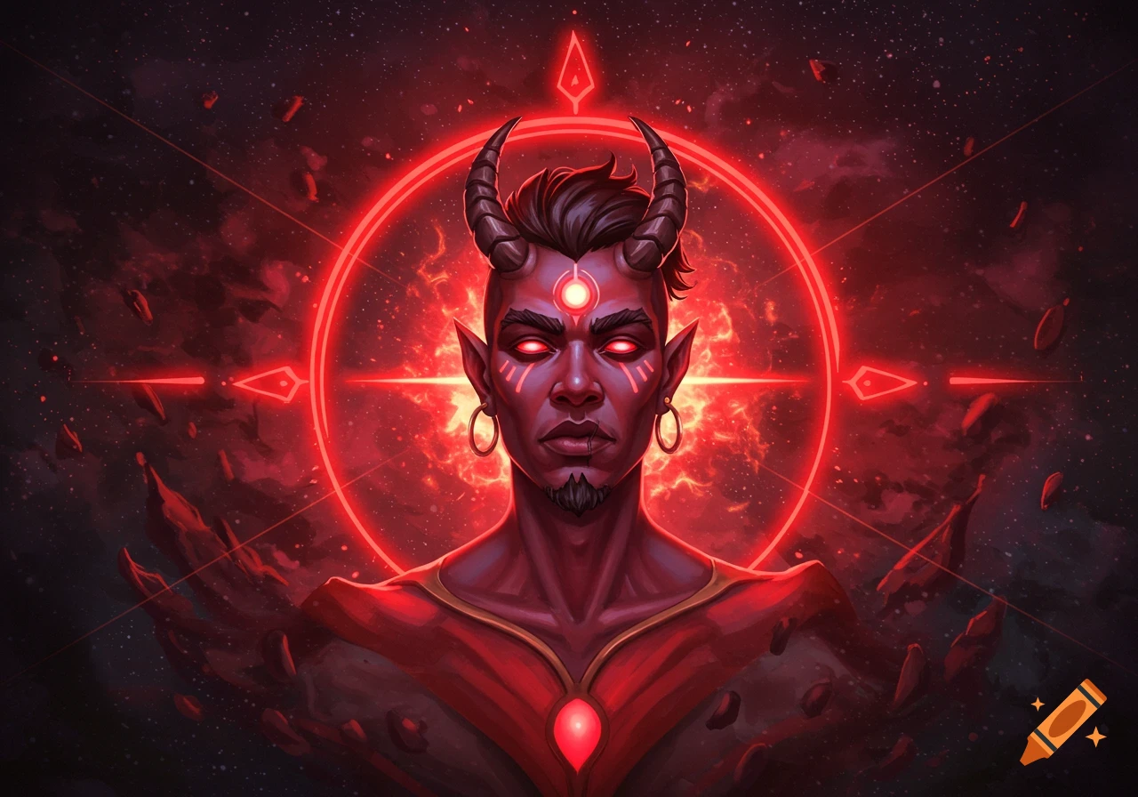 A red-skinned fantasy character with horns and glowing red eyes in a ...