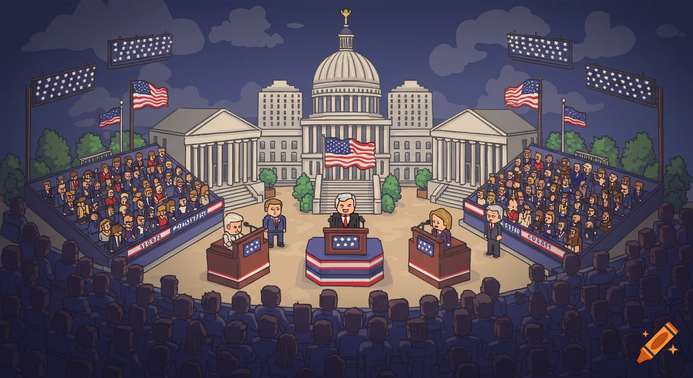 Cartoon illustration of a political debate or rally in front of a ...