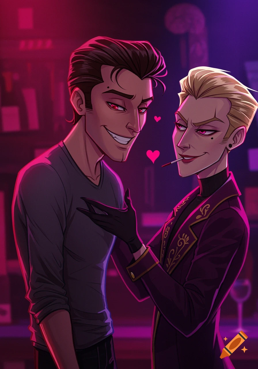 Two stylized men with sharp teeth flirting in a bar. on Craiyon