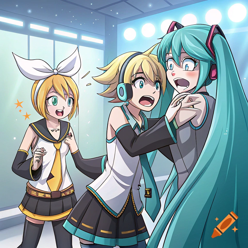 Anime characters resembling Miku, Rin, and Len on stage, one grabbing ...