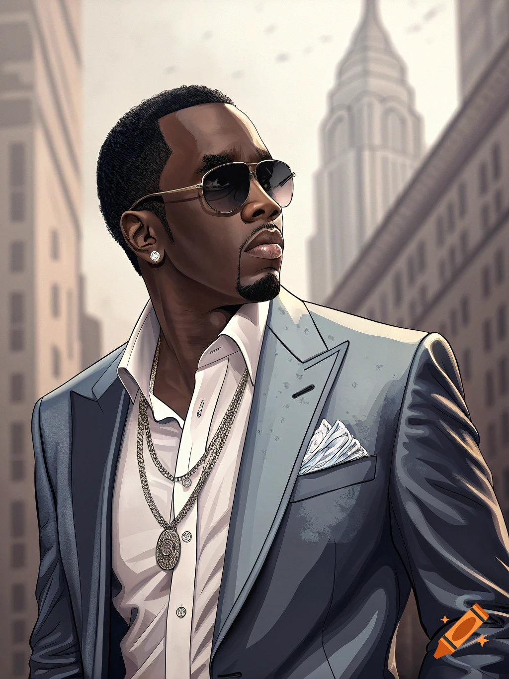 Illustration of a man resembling P Diddy in a suit, sunglasses, and ...