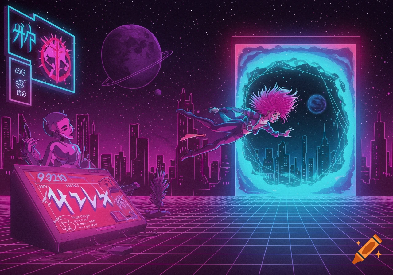 Synthwave image of a character at a console and another floating ...