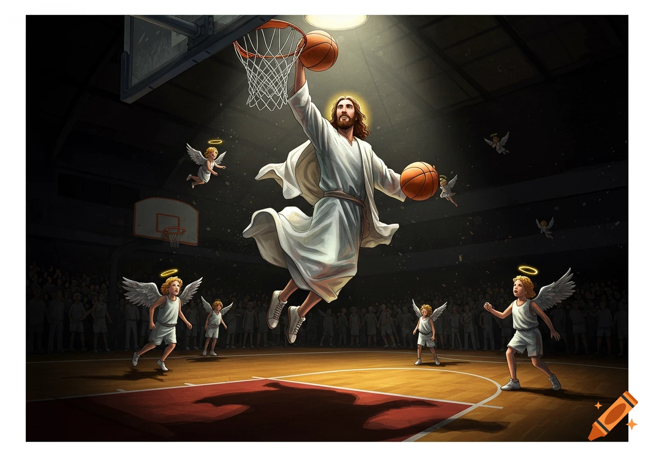 Jesus dunking a basketball in a crowded stadium with flying angels. on ...