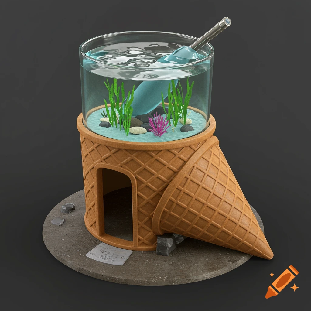 3D render of an ice cream cone aquarium with the scoop as the tank and ...