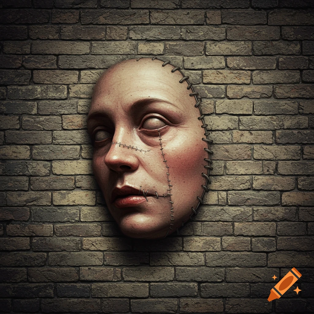 A stitched face is attached to a brick wall. on Craiyon