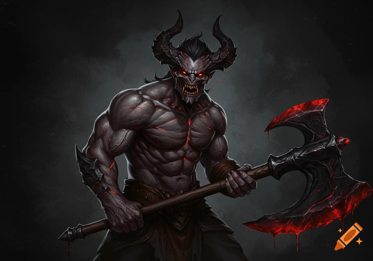 Muscular demon with horns and glowing eyes holding a bloody axe. Dark ...