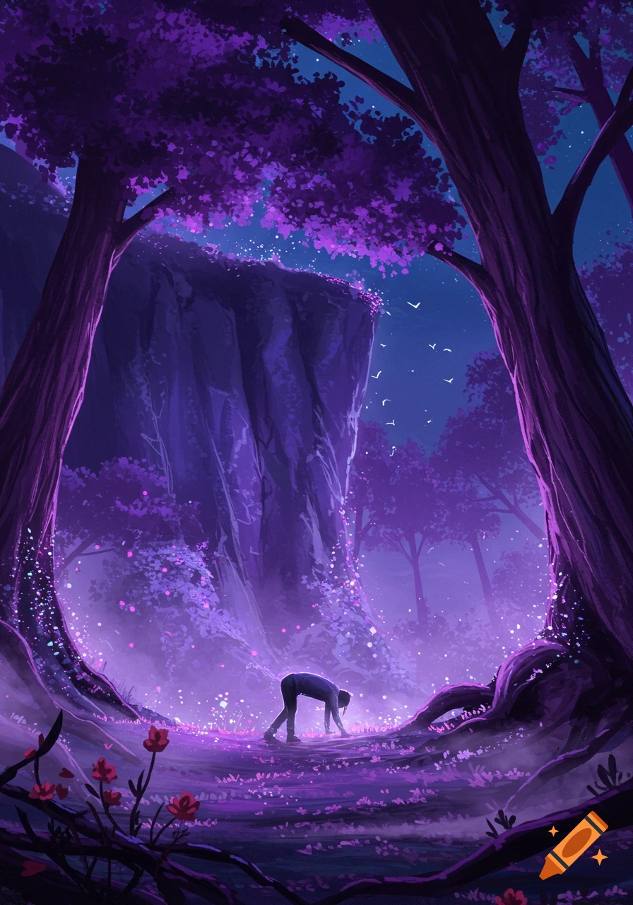 A person bends over in a glowing purple fantasy forest at night, framed ...
