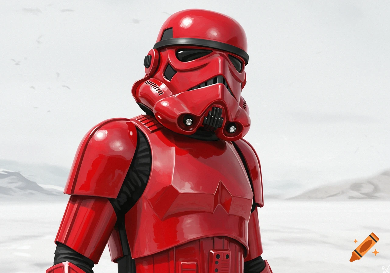 A red Stormtrooper helmet and upper body in a snowy landscape ...