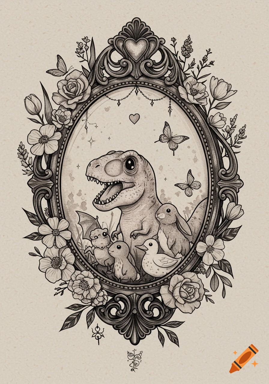 Cute T-Rex, bat, bunny, and duck in vintage floral frame, black sketch ...
