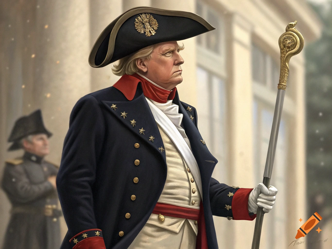 Donald Trump in a Napoleonic military uniform holds a staff. on Craiyon
