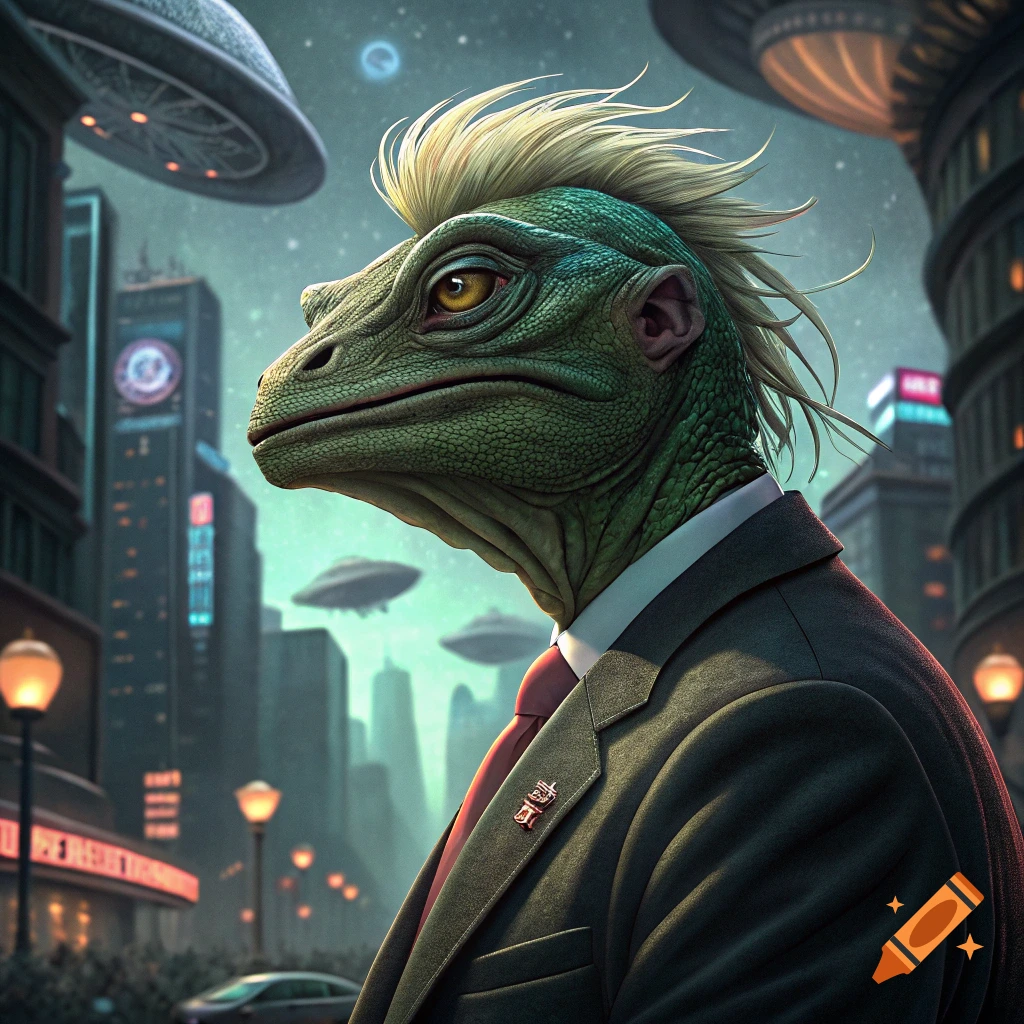 Anthropomorphic green lizard alien in a suit standing in a futuristic ...