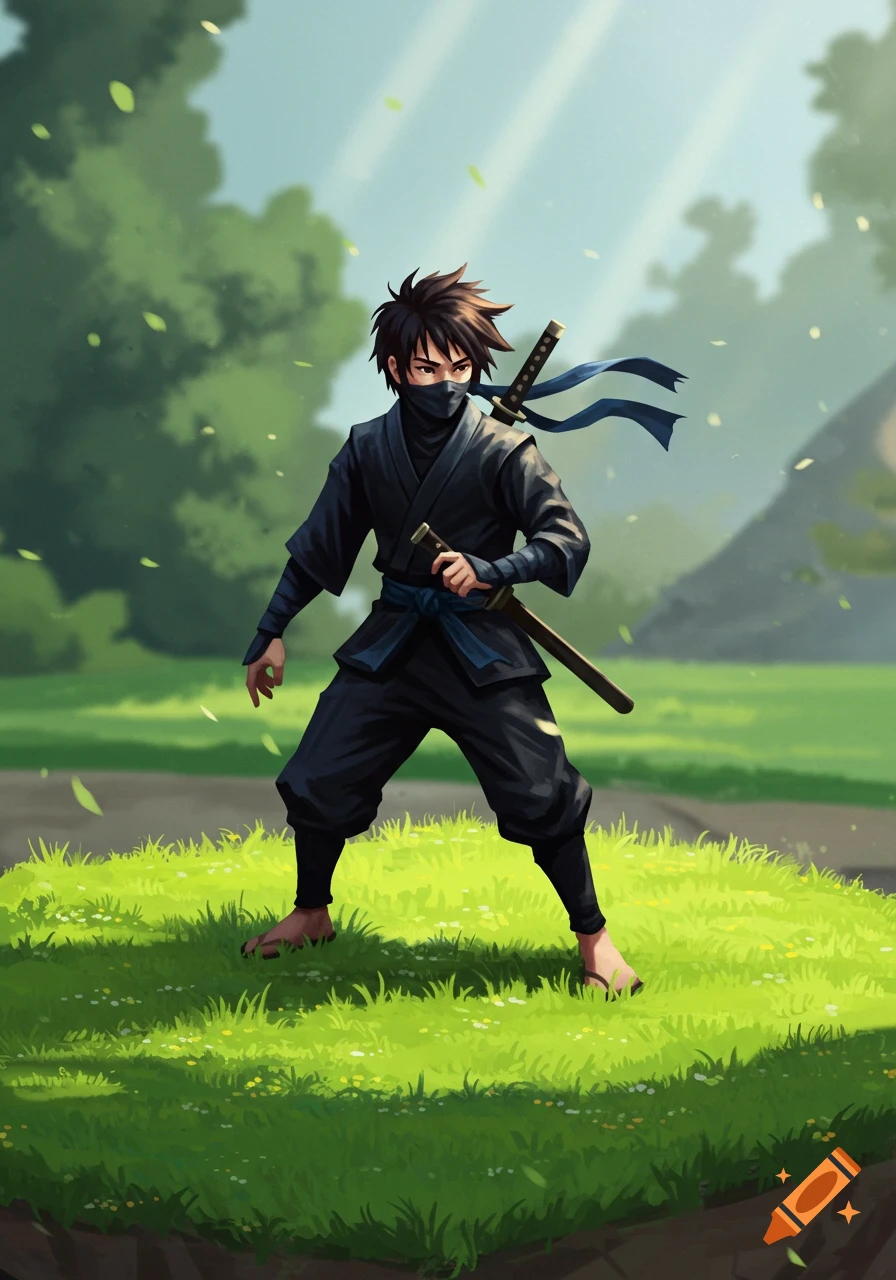 Illustration of a ninja standing on a grassy hill with sunlight rays ...