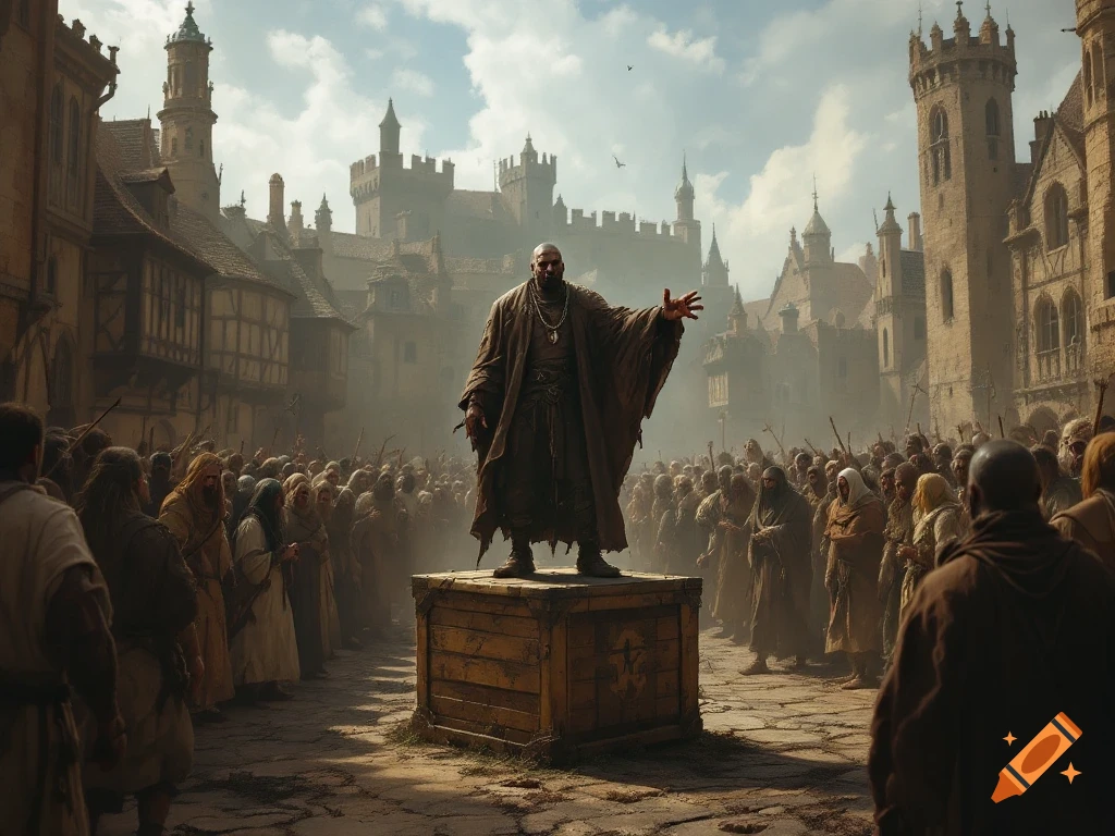 A man stands on a crate speaking to a large crowd in a medieval town ...