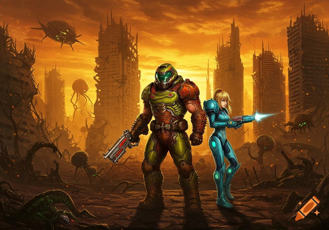 A digital painting of Doomslayer and Samus Aran standing in a ruined ...