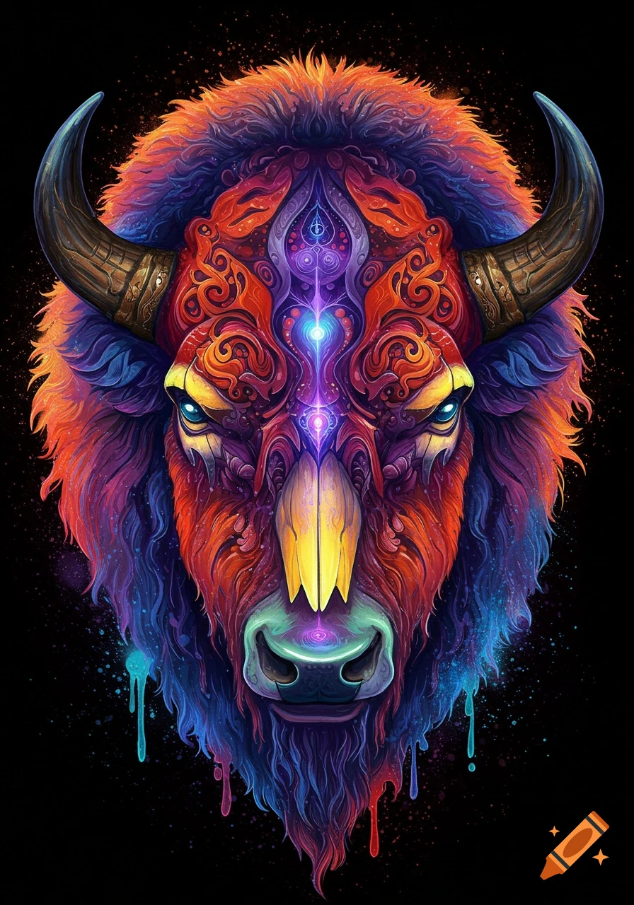Psychedelic art head of a bison with intricate patterns and vibrant ...